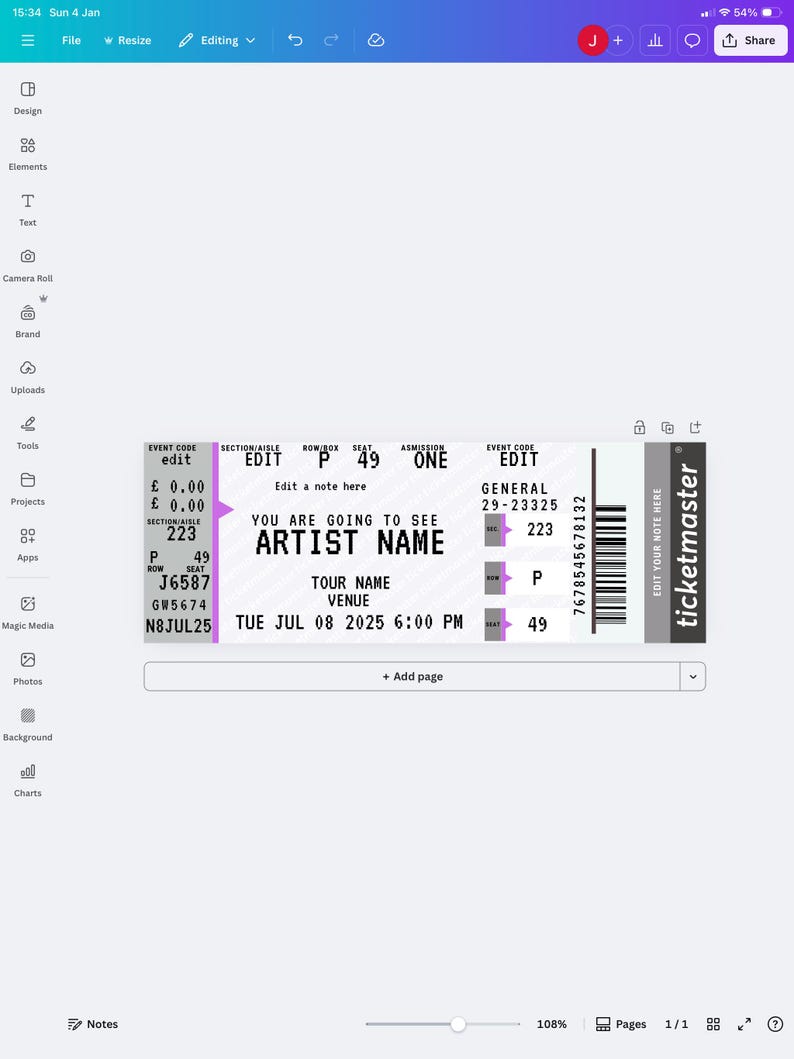 Concert Ticket Canva Editable Template, Custom Event Ticket, Birthday ...