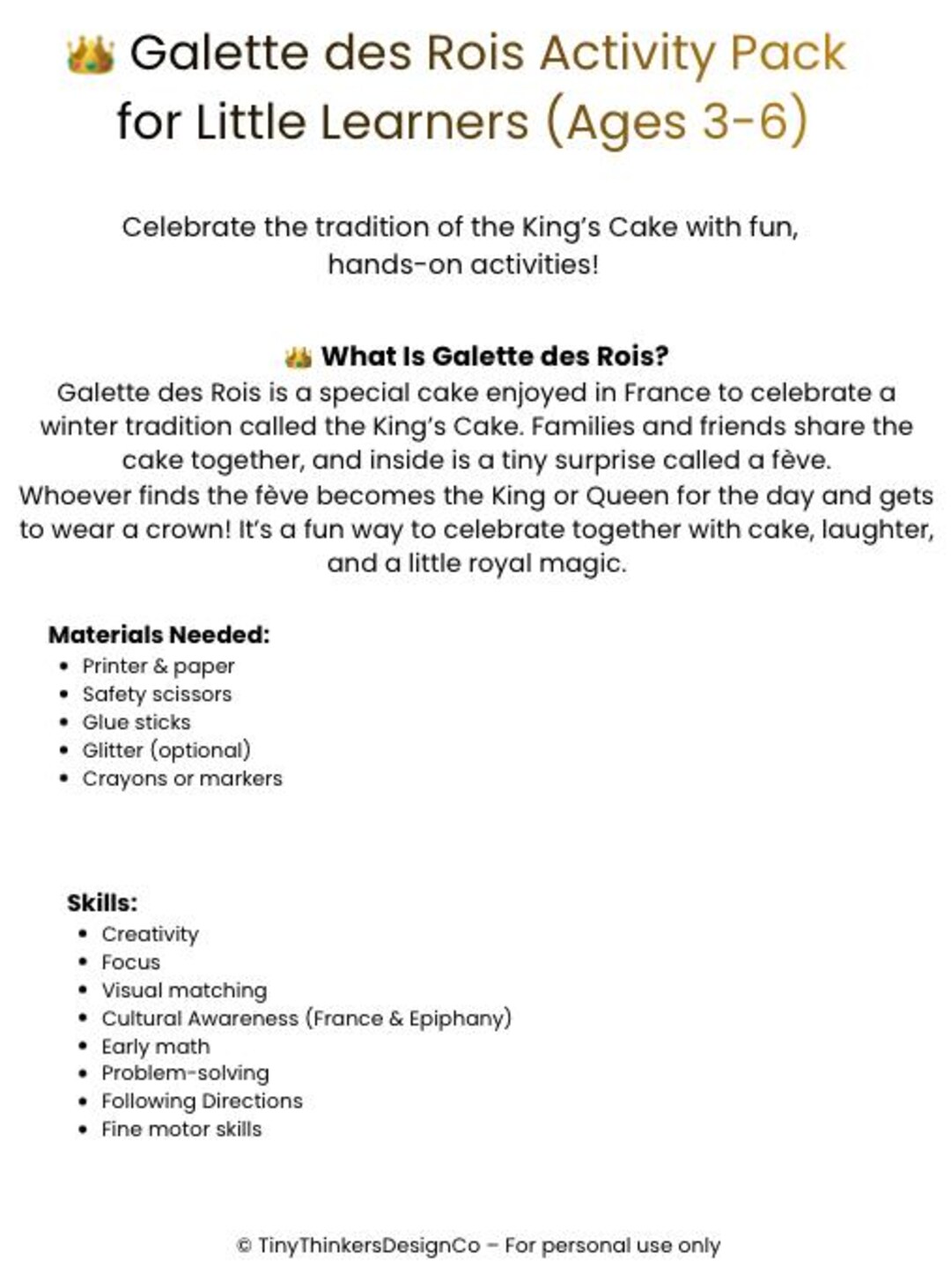 Galette Des Rois Activity Pack for Kids (ages 3–6) | French Epiphany ...