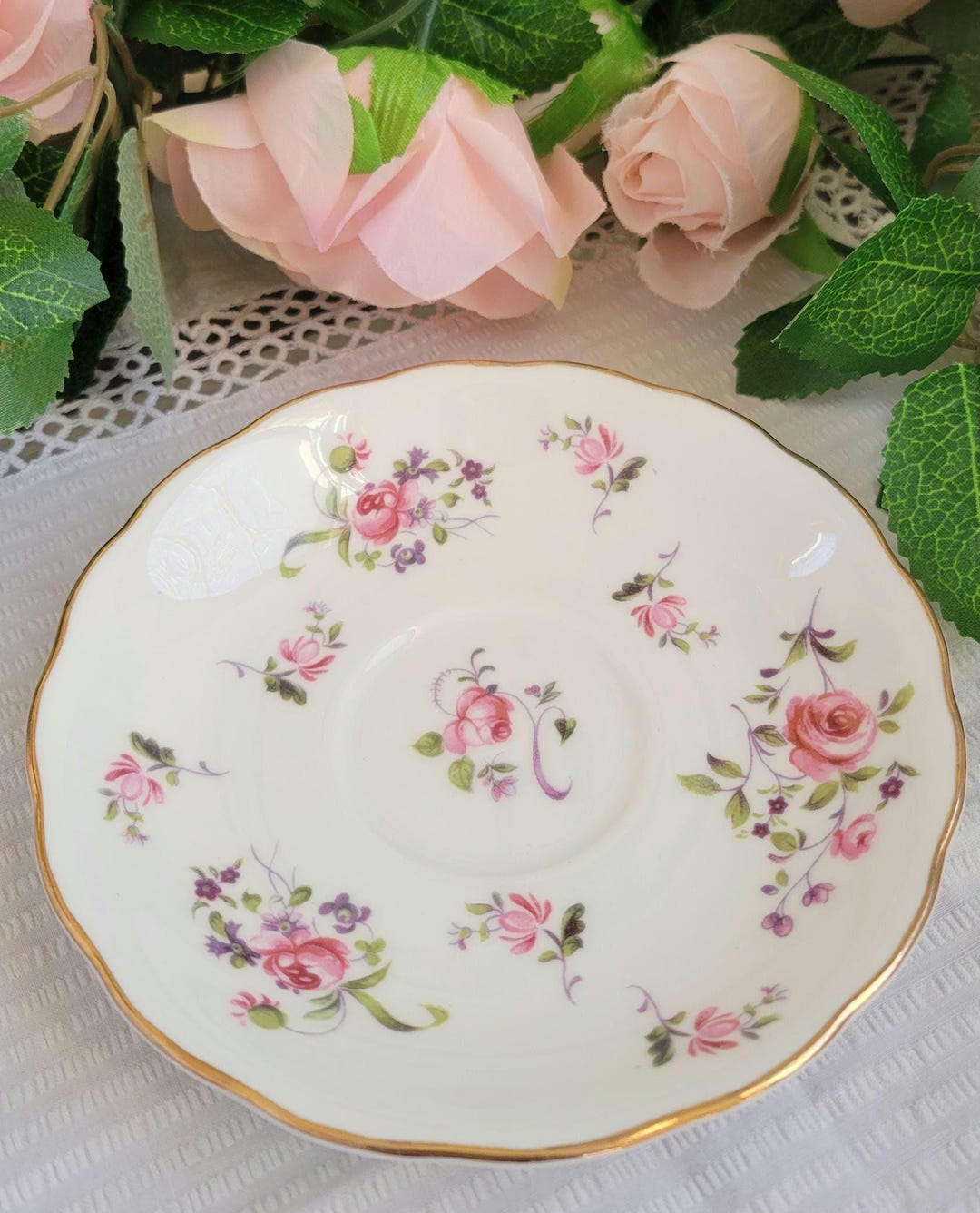 Vintage Melba Bone China Saucer | Pink Roses & Purple Flowers | Made in ...