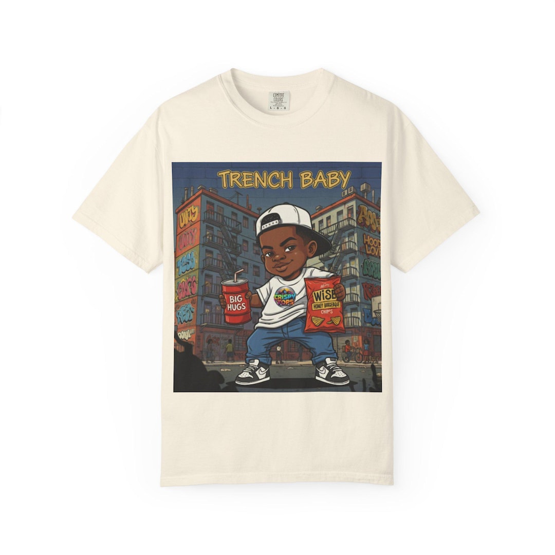 Trench Baby Cartoon Kid Holding Snacks T-shirt | Urban City Street Art ...