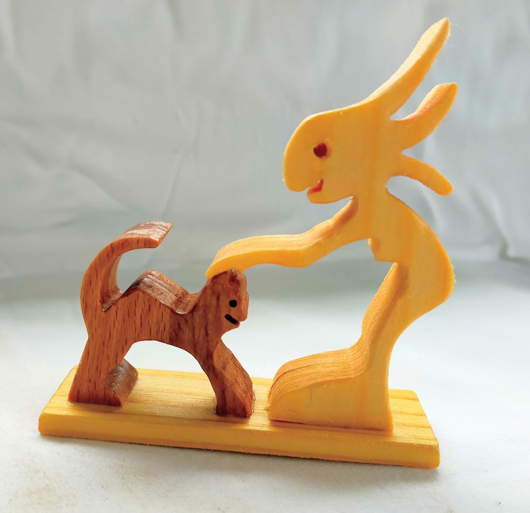 Handmade Wooden Woman and Cat Figurine Made of Two Different Types of ...