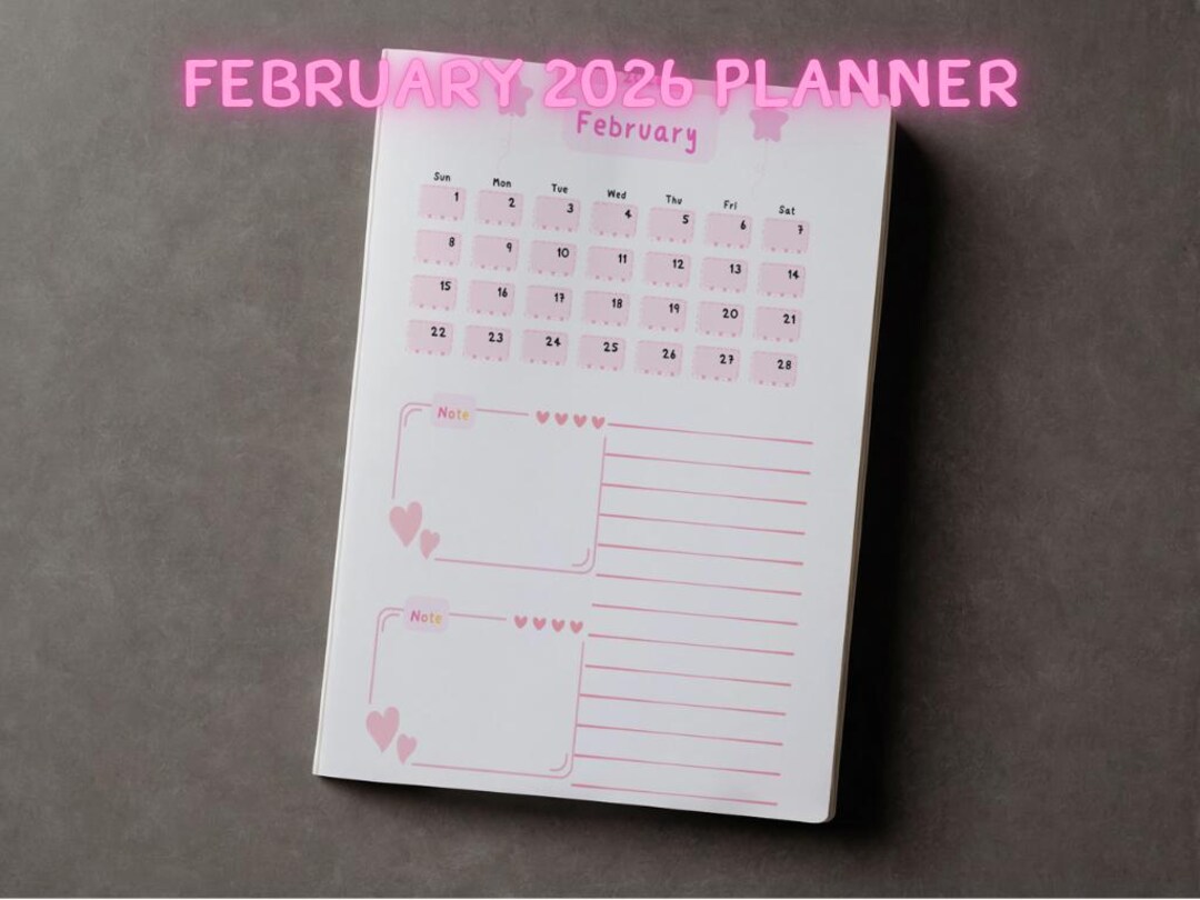 February 2026 Printable | Pink Calendar & Notes Page | Kawaii Month ...