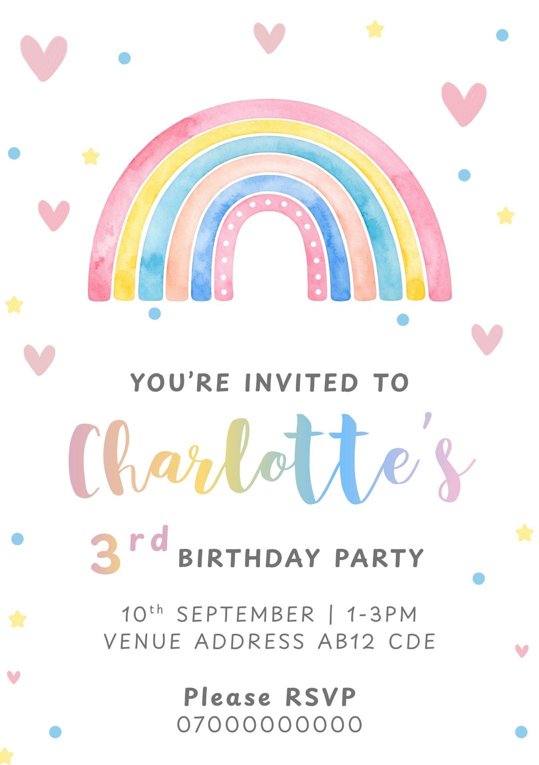 Rainbow Birthday Invitation Canva. Editable Template. Magical 3rd ...