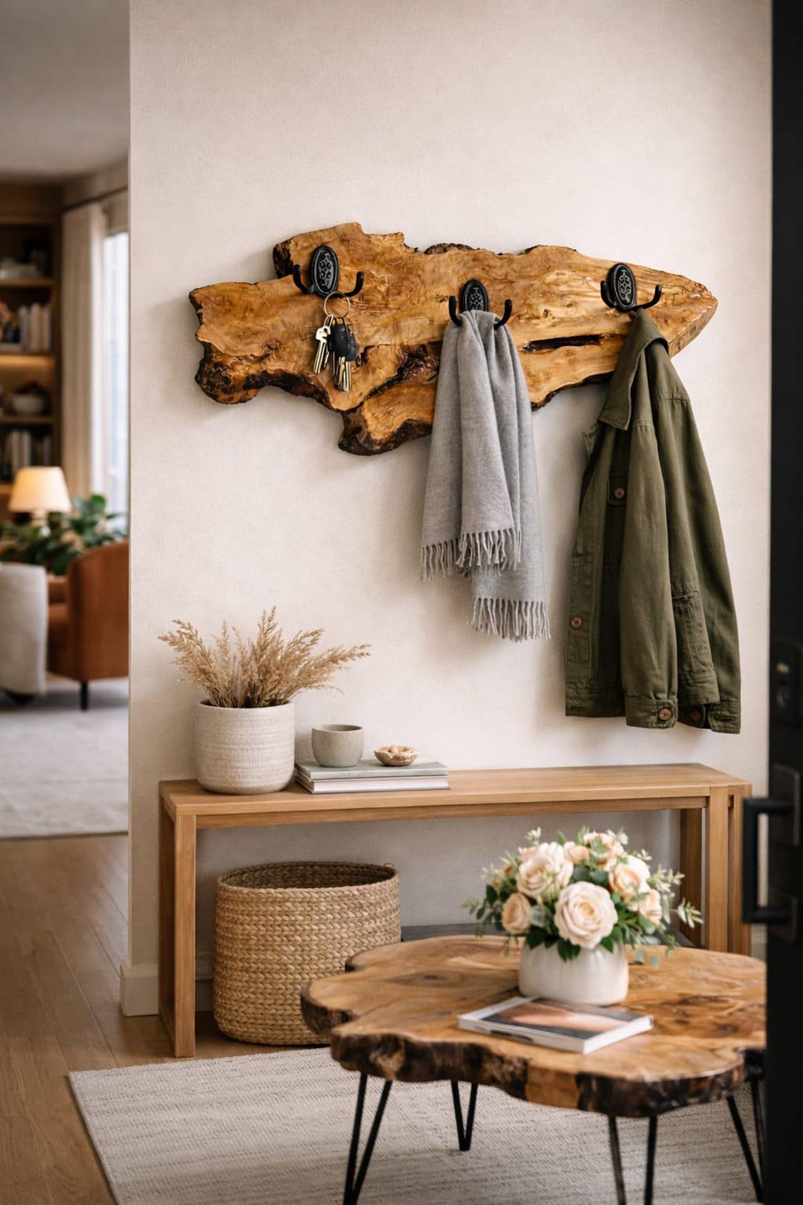 Handmade Live Edge Wood Coat Rack, Rustic Wall Mounted Hanger, Natural ...