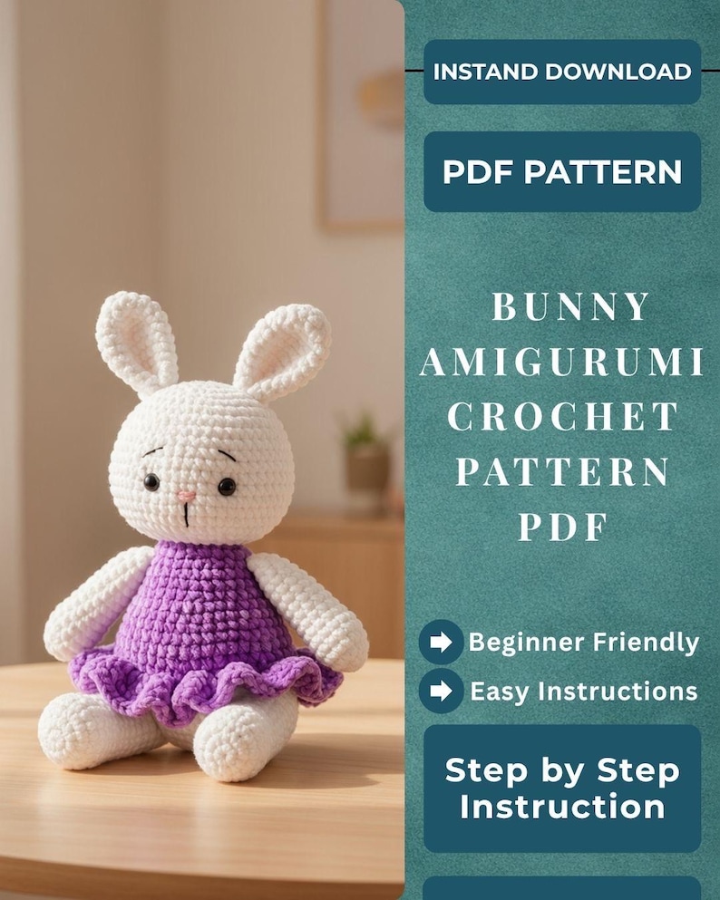 Bunny Amigurumi Crochet Pattern PDF, Cute Rabbit Doll in Dress, Plush ...