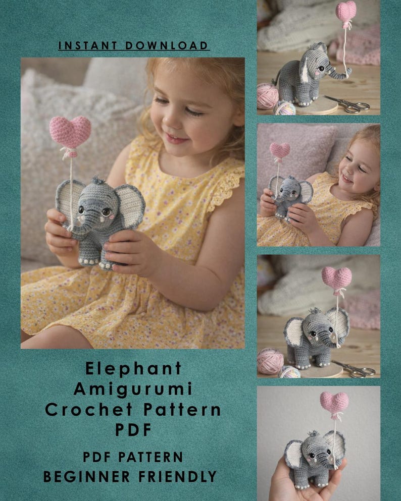 Elephant Amigurumi Crochet Pattern PDF, Cute Baby Elephant Toy, Crochet ...