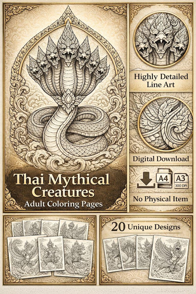 Thai Mythical Creatures Coloring Pages – 20 Highly Detailed Adult ...