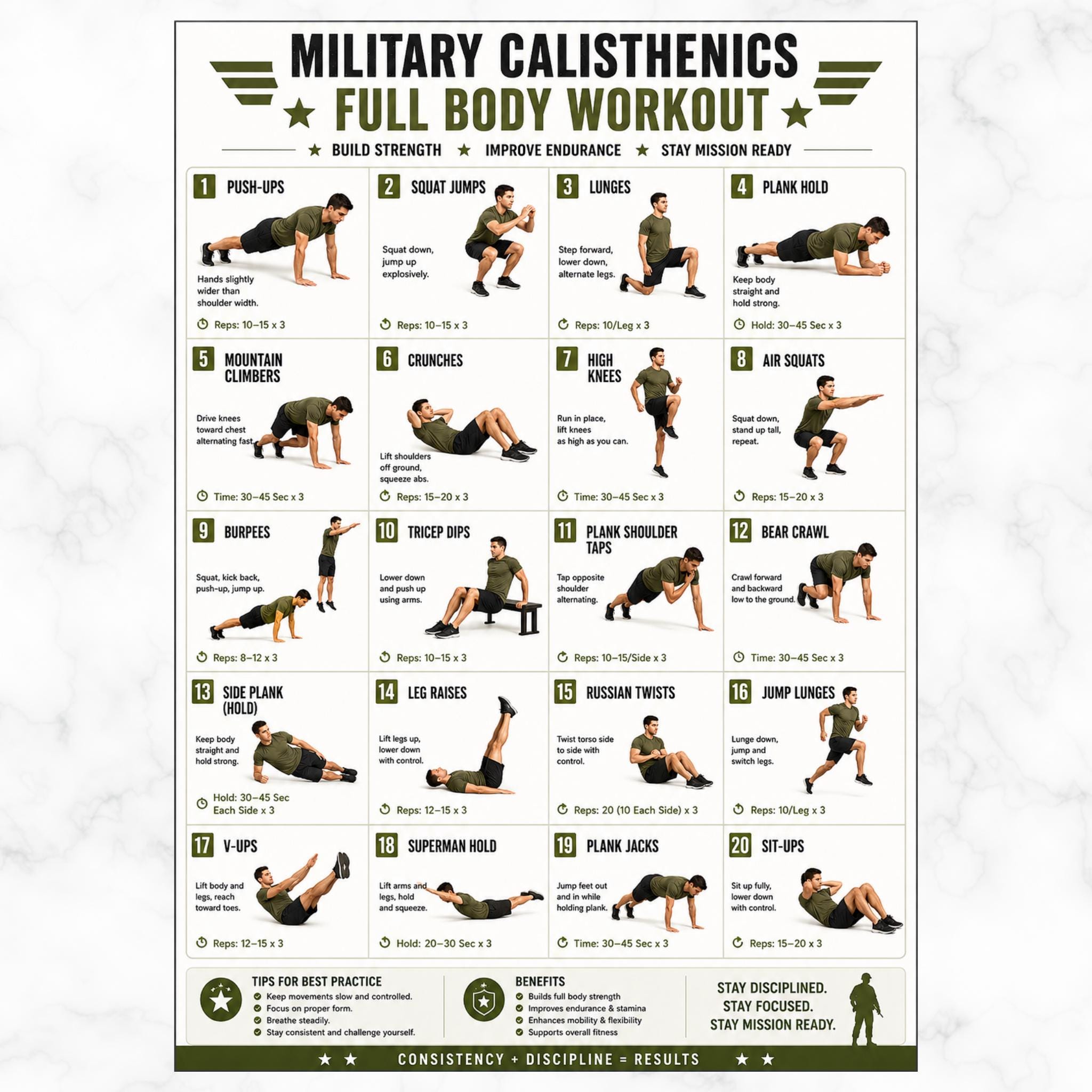 Military Calisthenics Workout Plan Printable Full Body Bodyweight ...