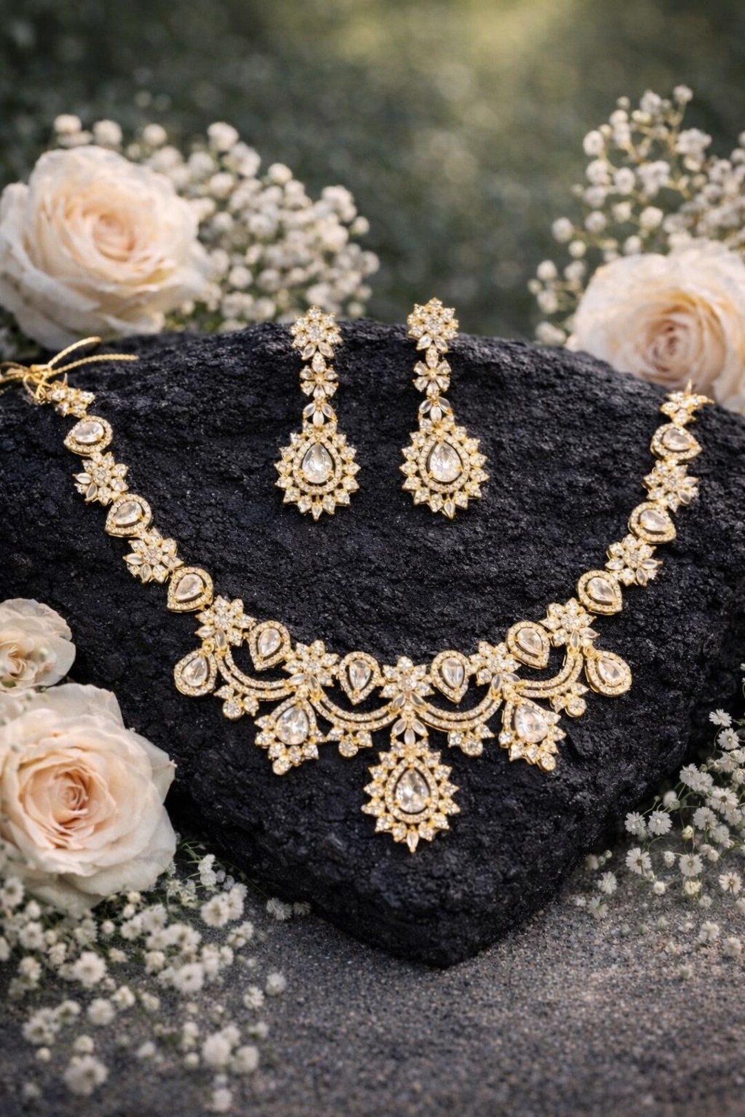 Gold Plated American Diamond Bridal Necklace Set | Statement Wedding ...