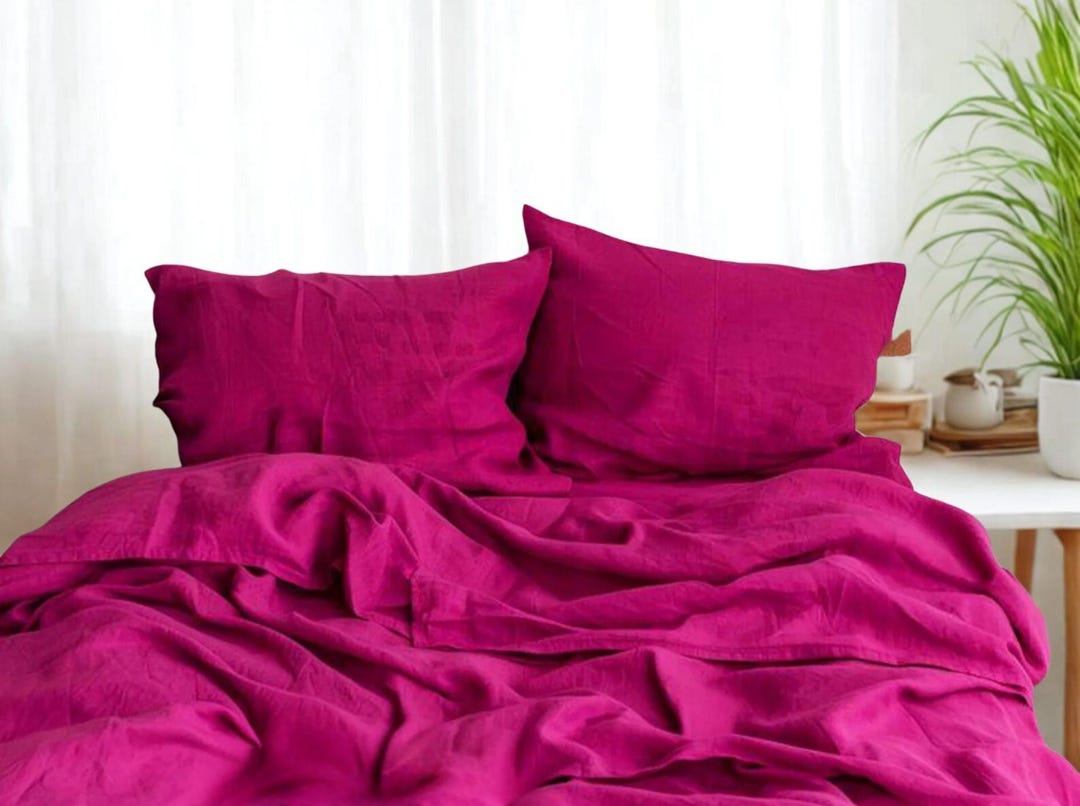 Fuchsia Linen Duvet Cover Set, Coconut Button Closure, Hot Pink Bedding ...