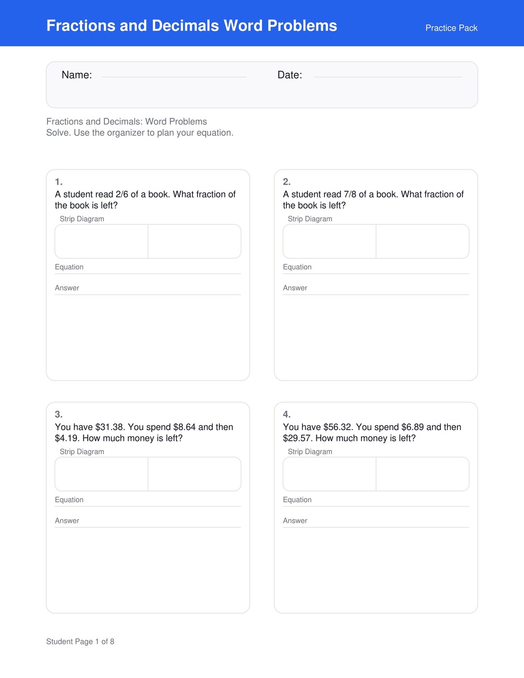 Fractions & Decimals Word Problems | Grades 3-5 Math Worksheets ...