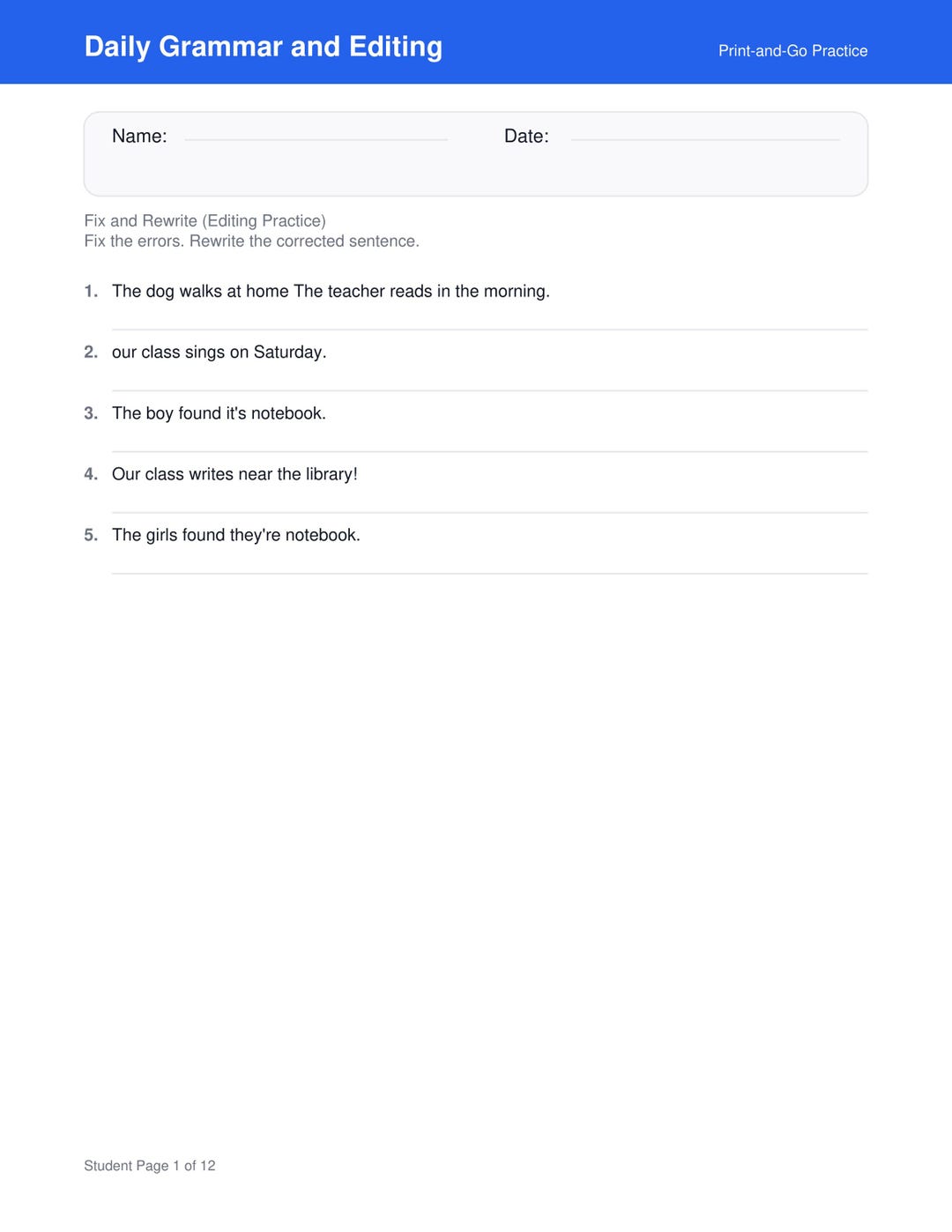 Daily Grammar & Editing Worksheets | Fix the Sentence Practice | Grades ...