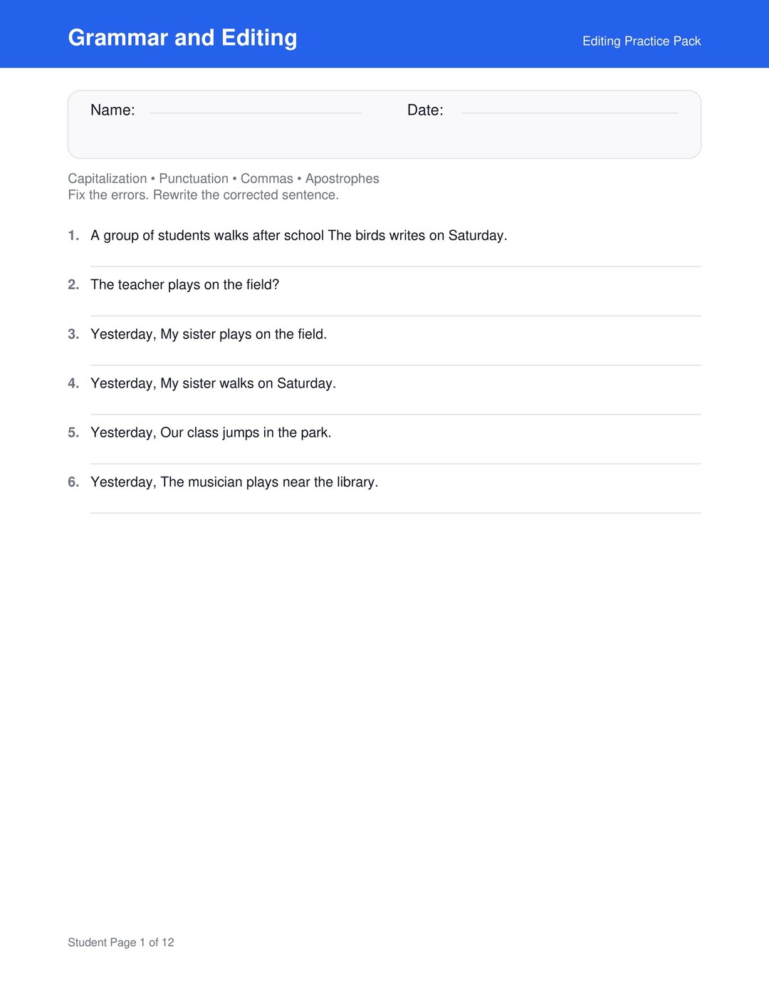 Grammar and Editing Worksheets | Capitalization, Punctuation, Commas ...