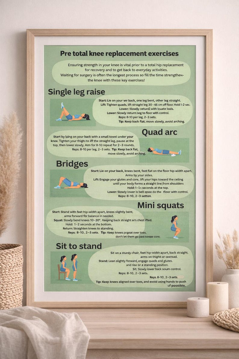 Pre Knee Replacement Exercises Poster Printable PDF | Physiotherapy ...