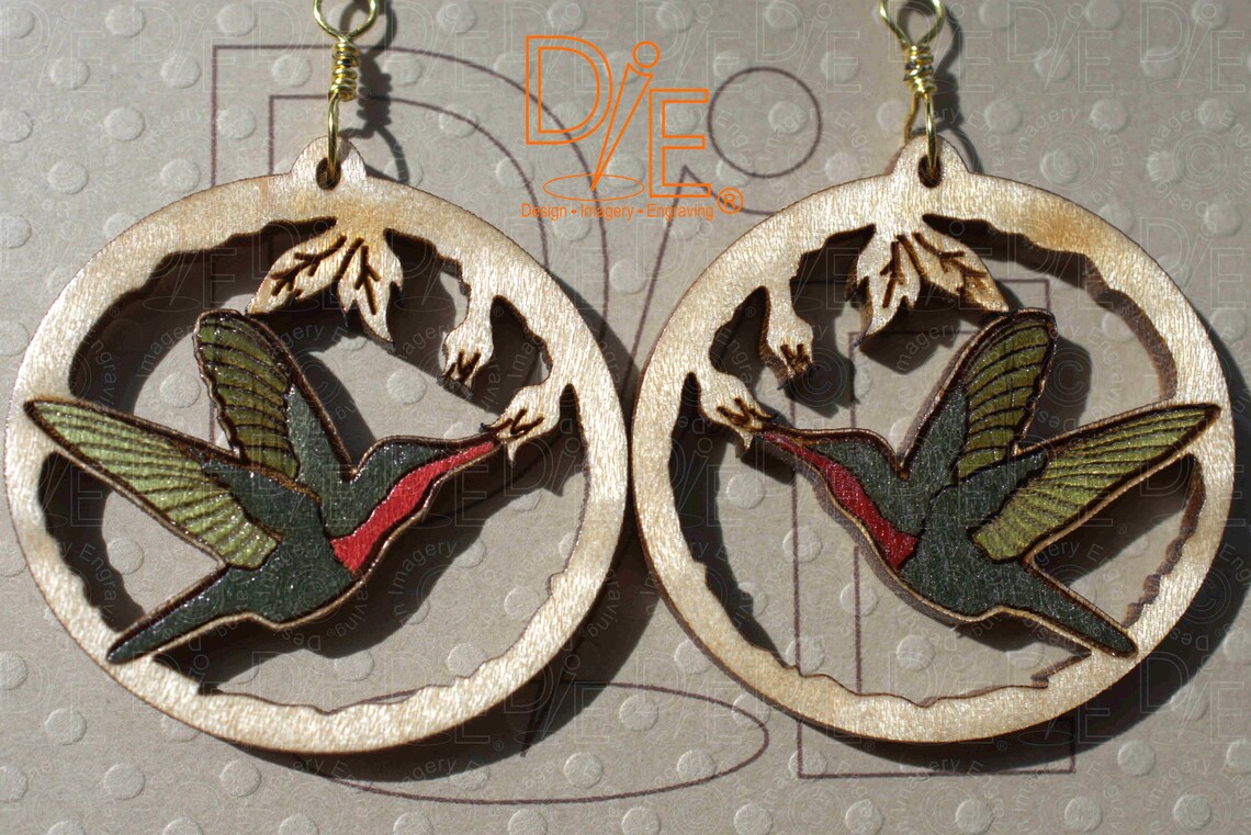 Hummingbirds on Curly Maple Wood Inlay Earrings on 14K Gold | Etsy