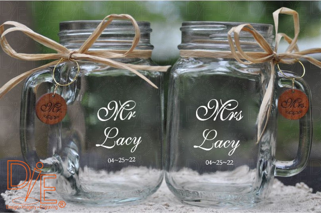 Mr and Mrs Mason Jars With Choice of Wood Charms in a Timeless Cursive ...