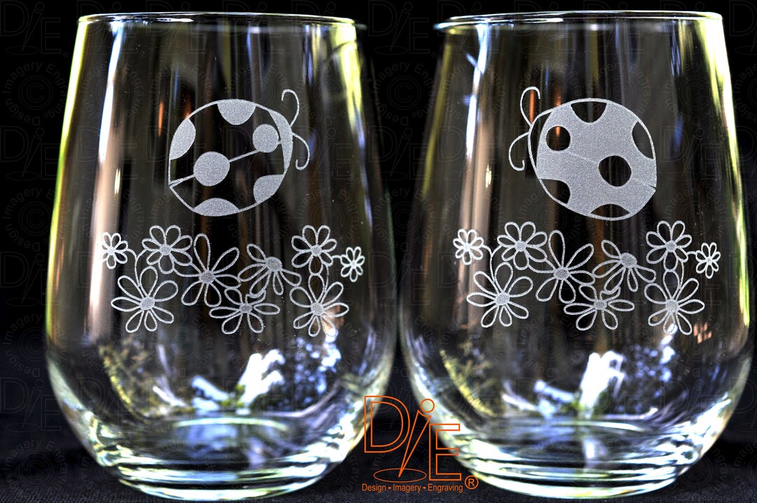 Ladybug Engraved Wine Glass Set: Personalized Crystal Glasses - Etsy
