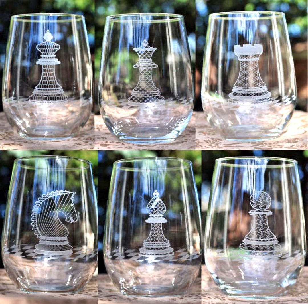Chess Pieces Wine Glass Set of Six With Complimentary Side 2 Engraving ...