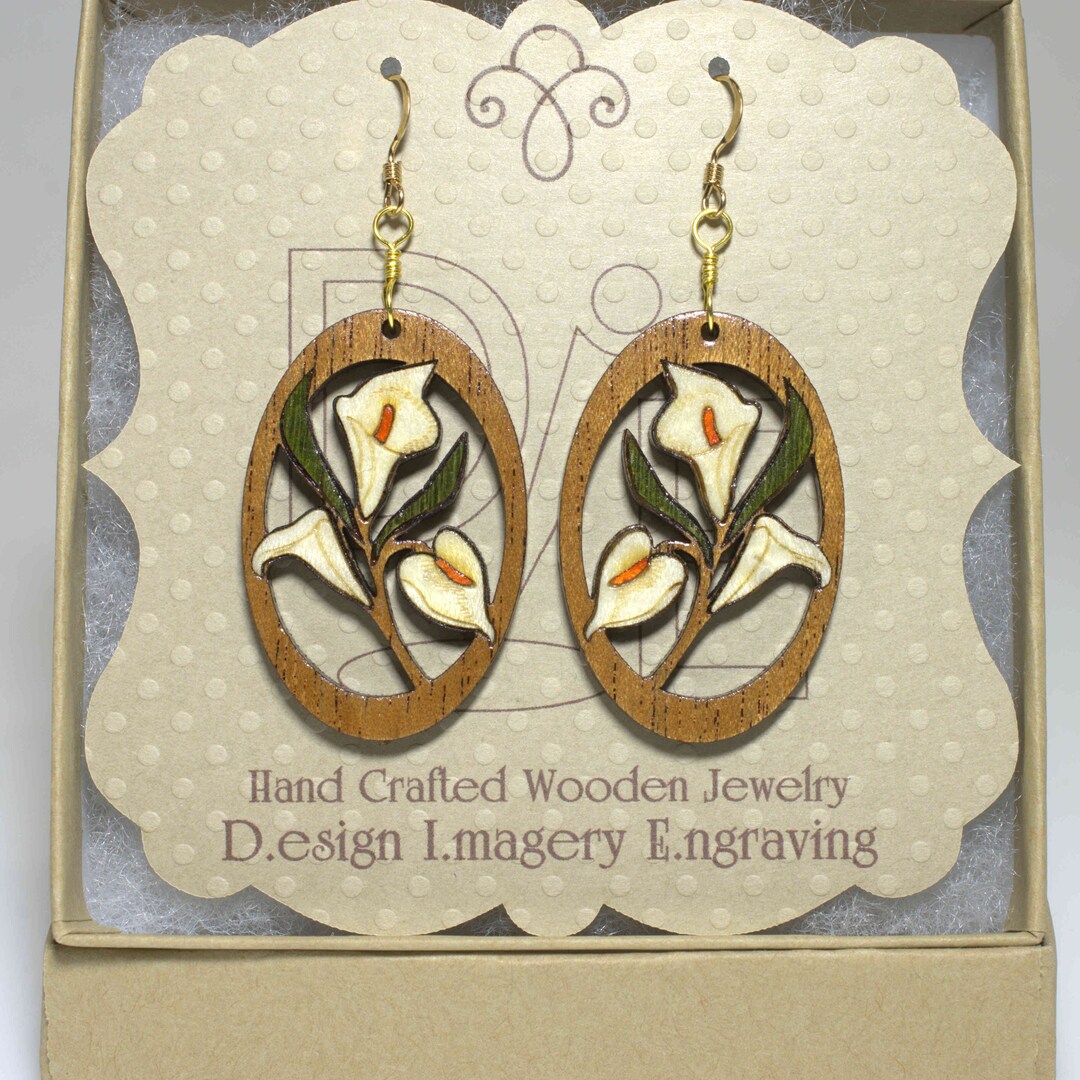 Calla Lily Wood Inlay Earrings on 14K Gold Filled Wires Valentine ...