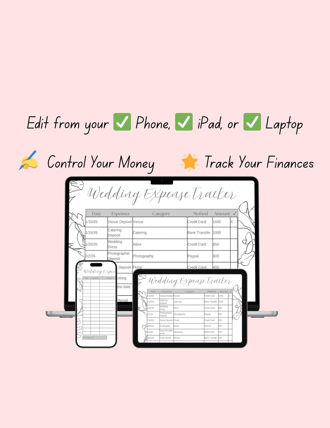 Floral Wedding Expense Tracker | Printable Wedding Budget Sheet ...