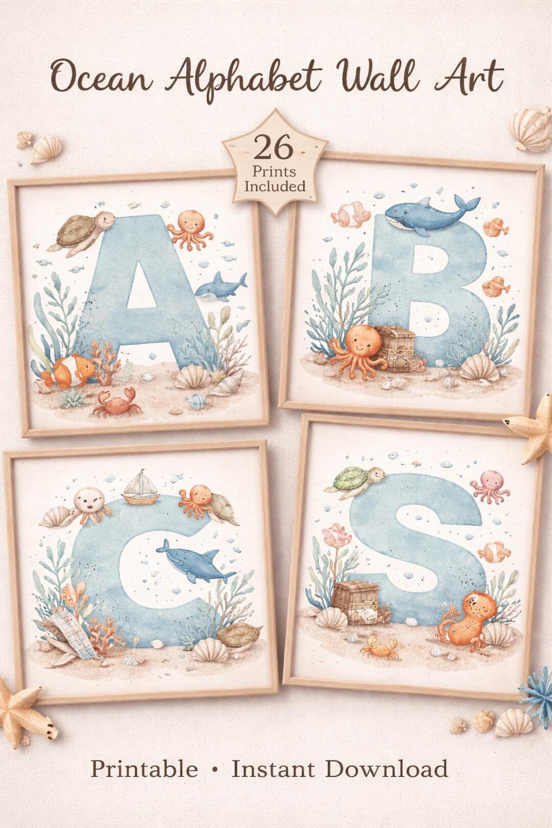 Ocean Animal Alphabet Wall Art Bundle, Nursery Decor A-Z Set, Under the ...