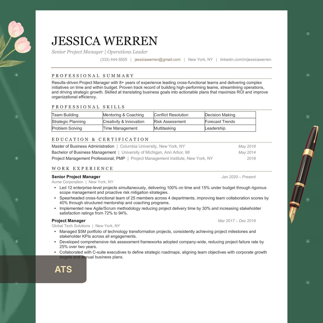 ATS Resume Template - Editable Word, Google Docs & Pages | Includes ...