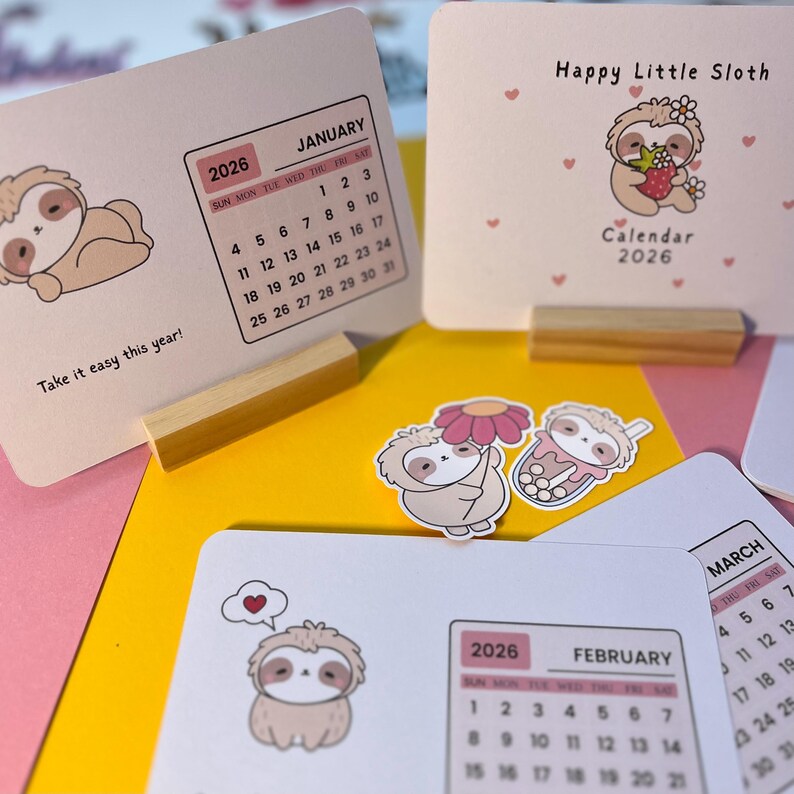 Happy Little Sloth Desktop Calendar 2026 With Wooden Stand & Includes ...