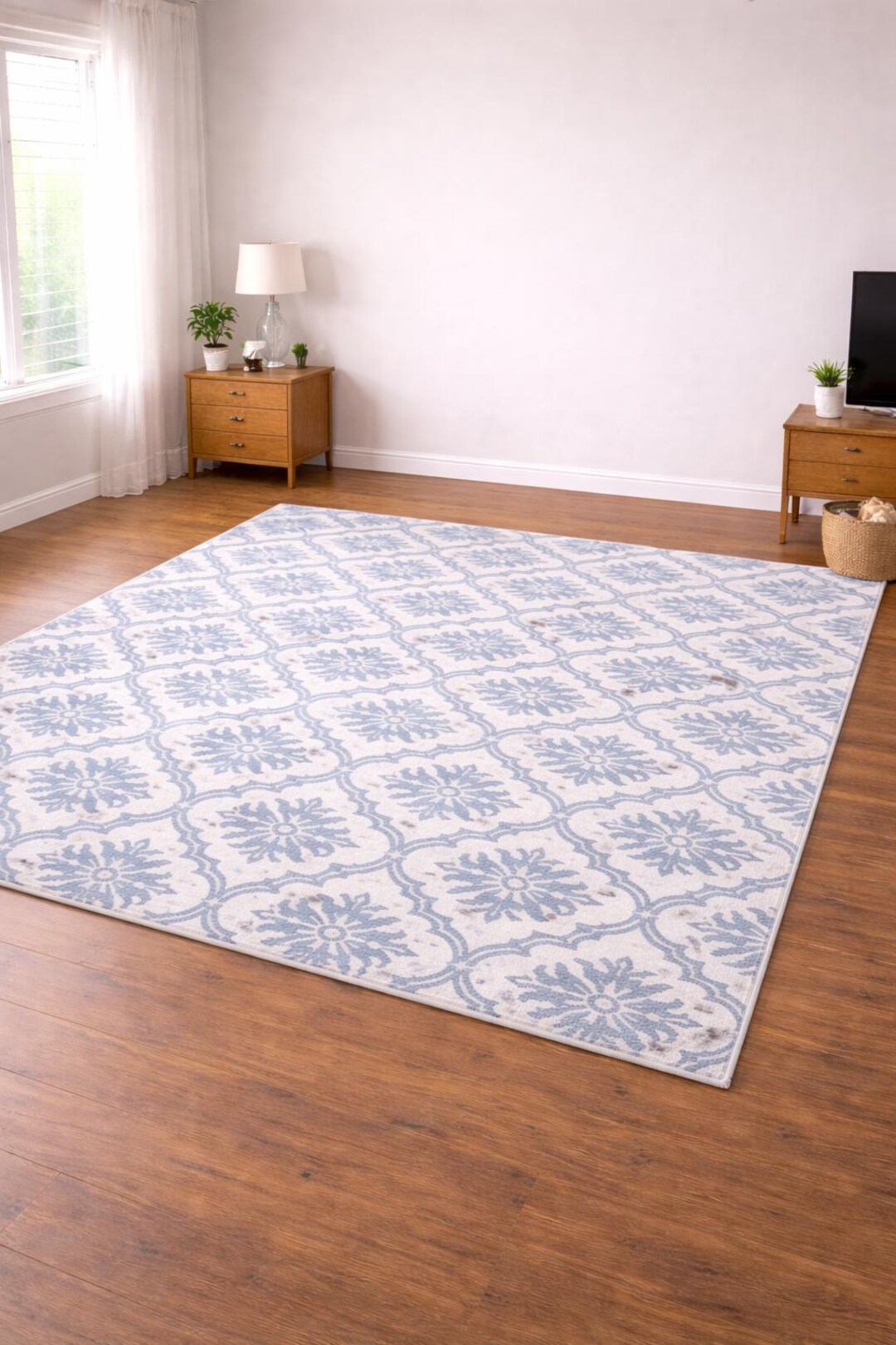 Hand Tufted Loop Pile Blue & Ivory Floral Area Rug, Modern Medallion ...
