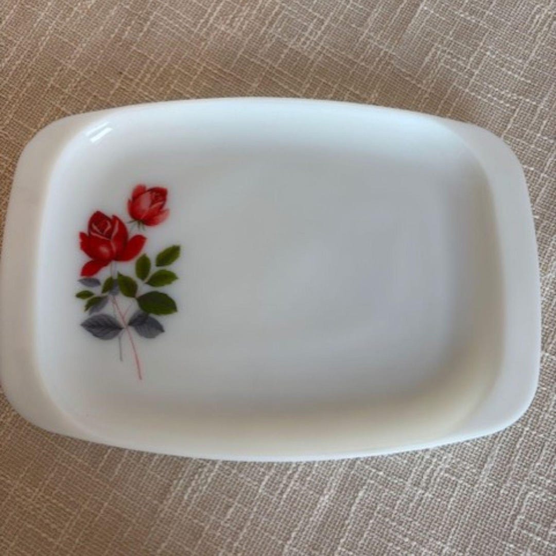 Vintage JAJ Pyrex Red Rose Serving Platter, 1960s Milk Glass Dish ...