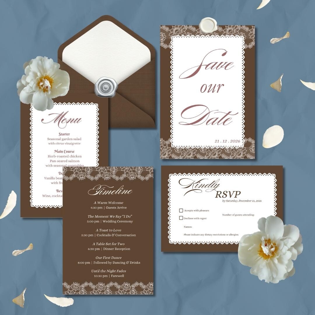 Vintage Lace Wedding Invitation Template, Elegant Brown Invite ...