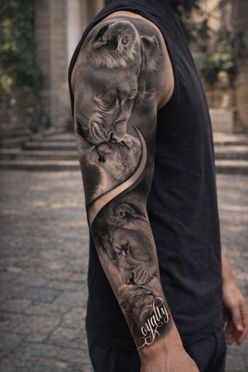 Lion Family Full Sleeve Tattoo Design | Black & Grey Realistic Lion ...