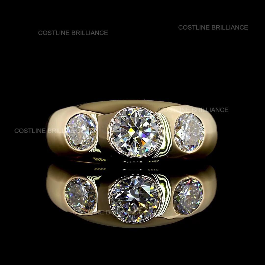 Three Stone Ring Dome Shaped Solid Gold Ring Flush Set Ring Three Round ...