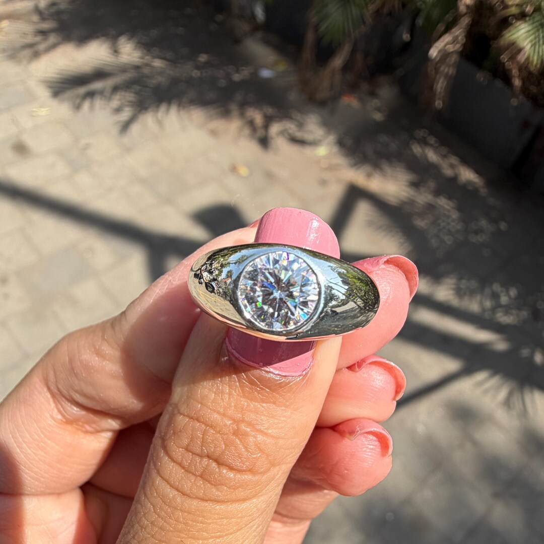 Solid Gold Dome Signet Ring 1ct Round Diamond Signet Engagement Ring ...