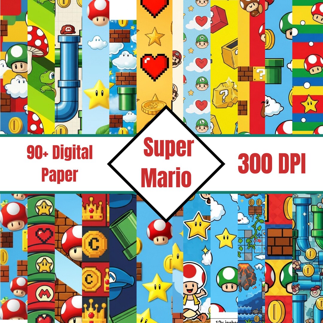 Super Mario 90+ Digital Paper Pack 12x12 JPG | 300 DPI Retro Game ...