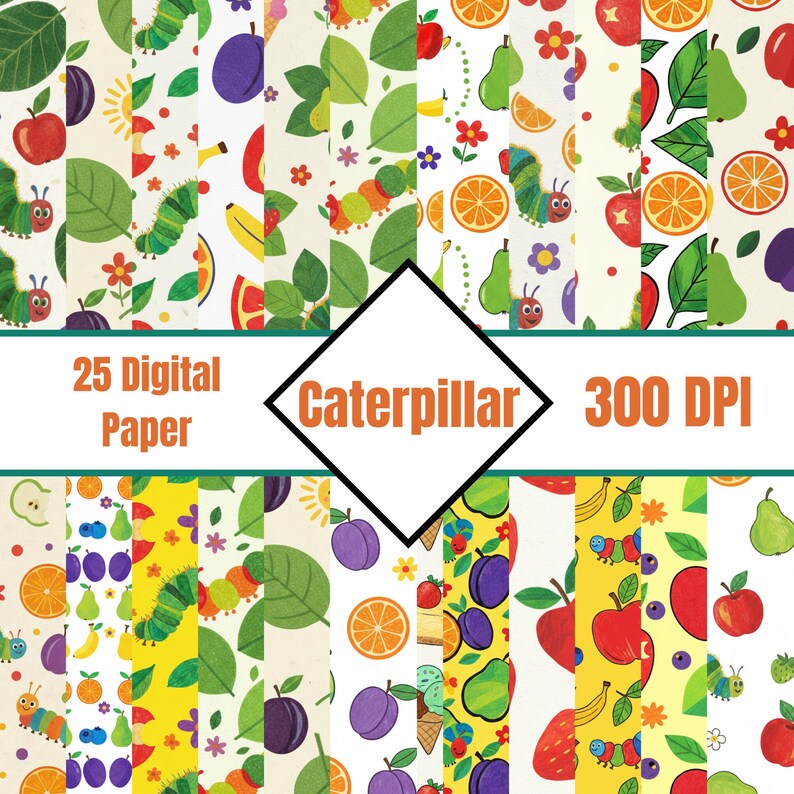 Caterpillar 25 Digital Paper Pack 12x12 JPG | 300 DPI Cute Bug ...