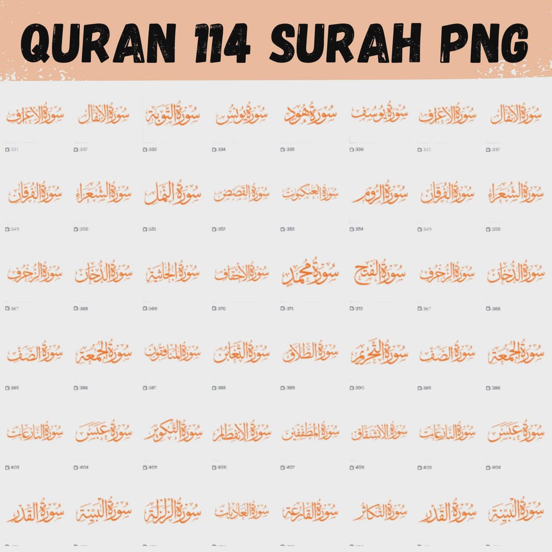 Quran 114 Surah Names PNG | Complete Holy Quran Surahs | Transparent ...