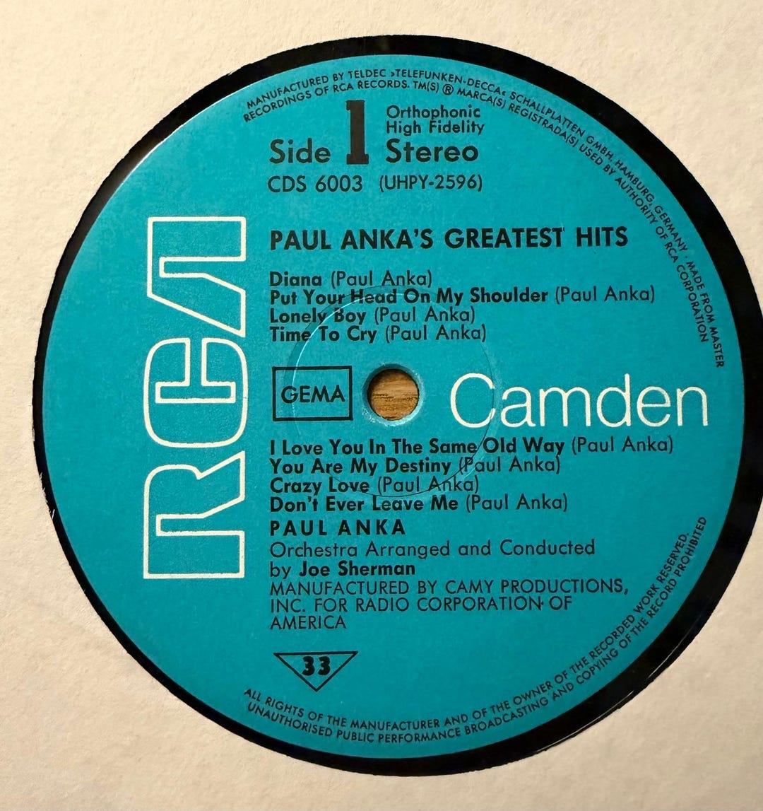 Vinyl LP of Paul Anka's Greatest Hits on the RCA Camden Label - Etsy