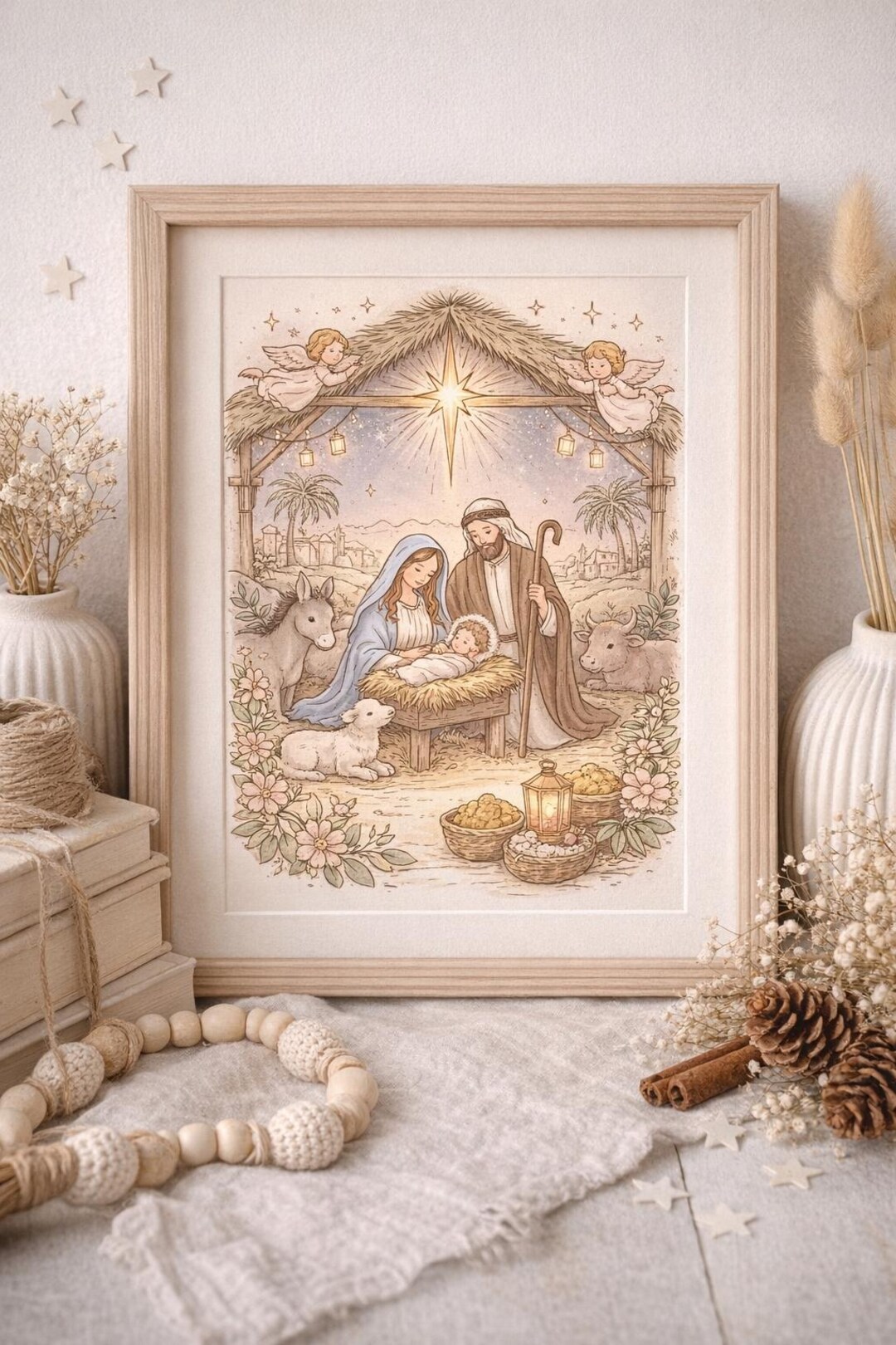 Nativity Scene Wall Art – Minimal Line Art Christmas Print, Soft Pastel ...