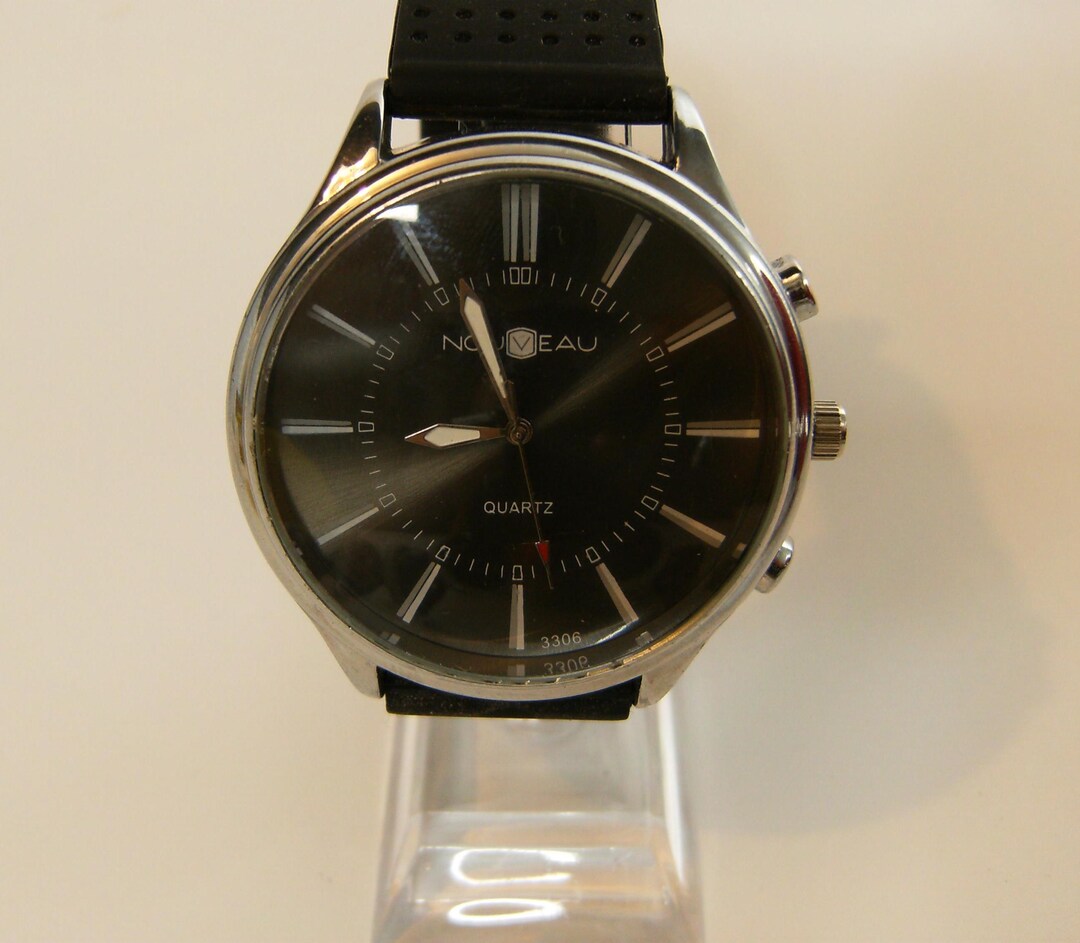 Nouveau Extra Large Watch, 47mm Chrome Case, Black Leather Strap - Etsy