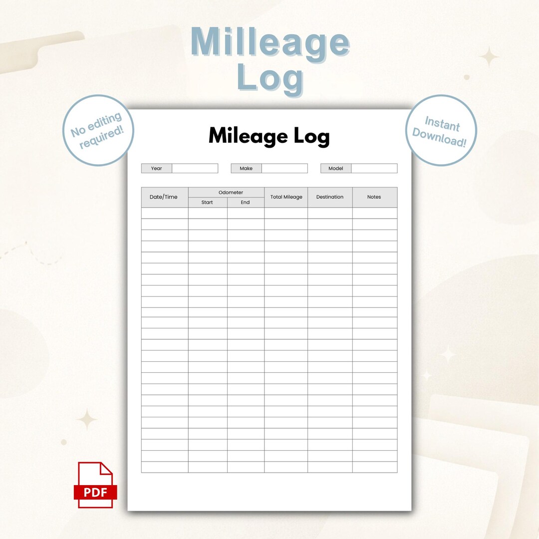Mileage Log Printable PDF for Small Business| Vehicle Mileage Tracker ...
