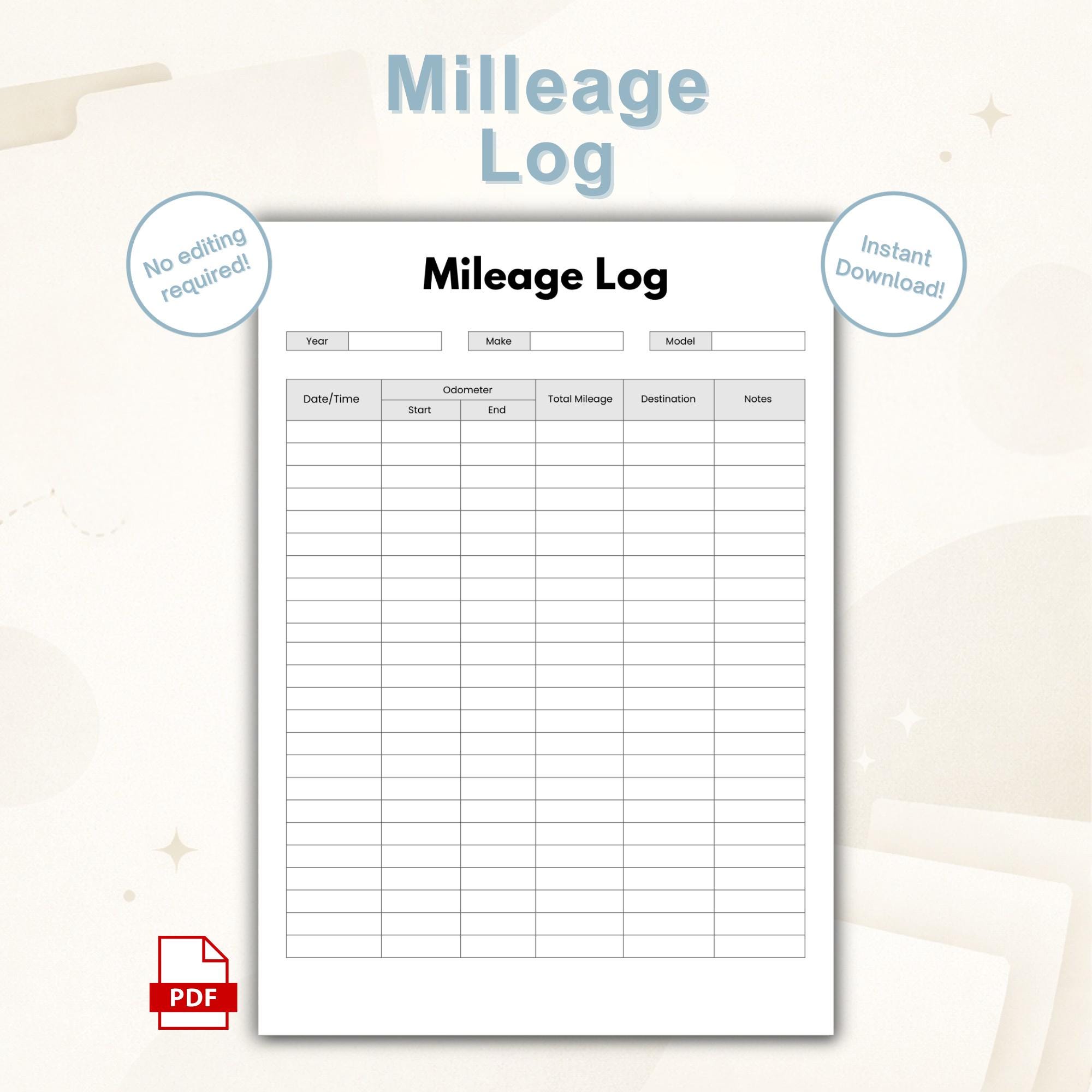 Mileage Log Printable PDF for Small Business| Vehicle Mileage Tracker ...