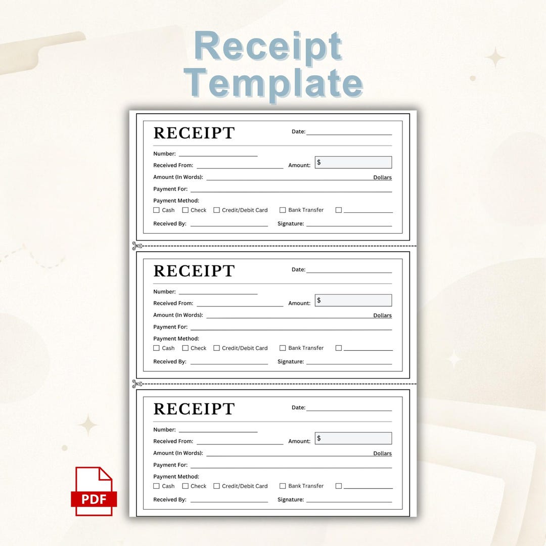 Receipt Template | Printable Payment Receipt PDF | Instant Download ...