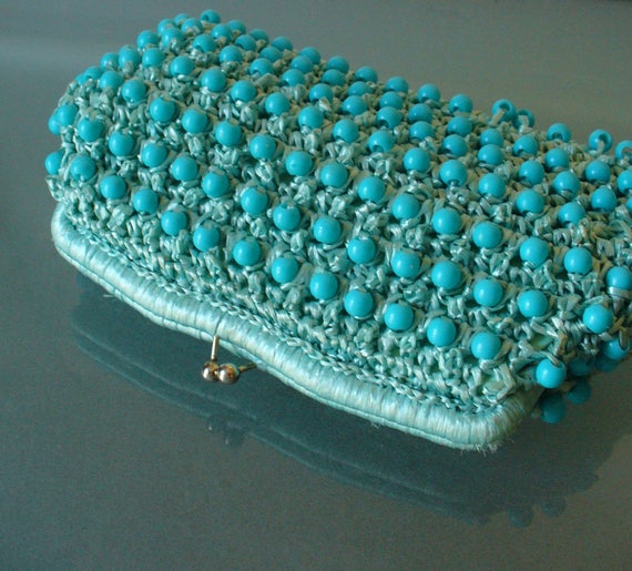 Vintage Robin Egg Blue Raffia Clutch With Bead Accents Gem