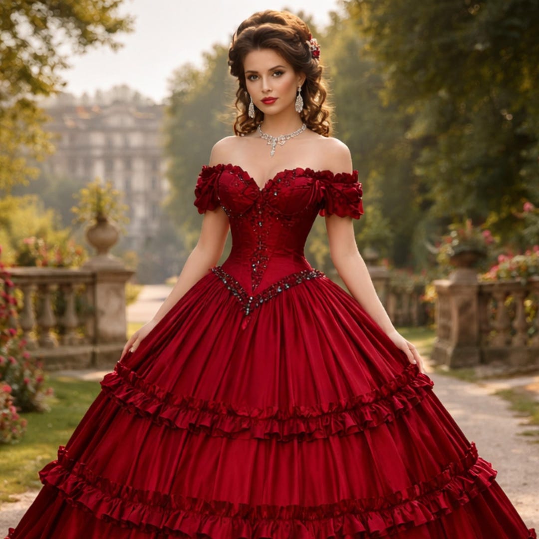 Red Victorian Dress, off Shoulder Corset Style, Ruffle Ball Gown ...