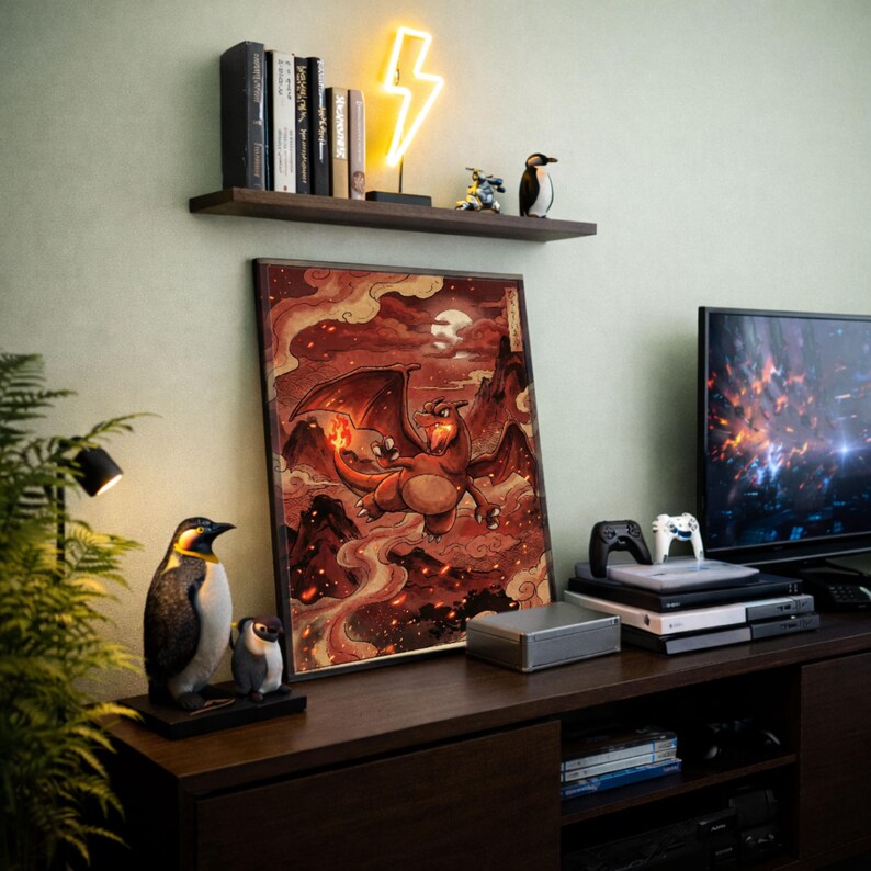 Charizard Volcano Poster Dark Ukiyoe Fire Moon Art Anime Gamer Wall ...