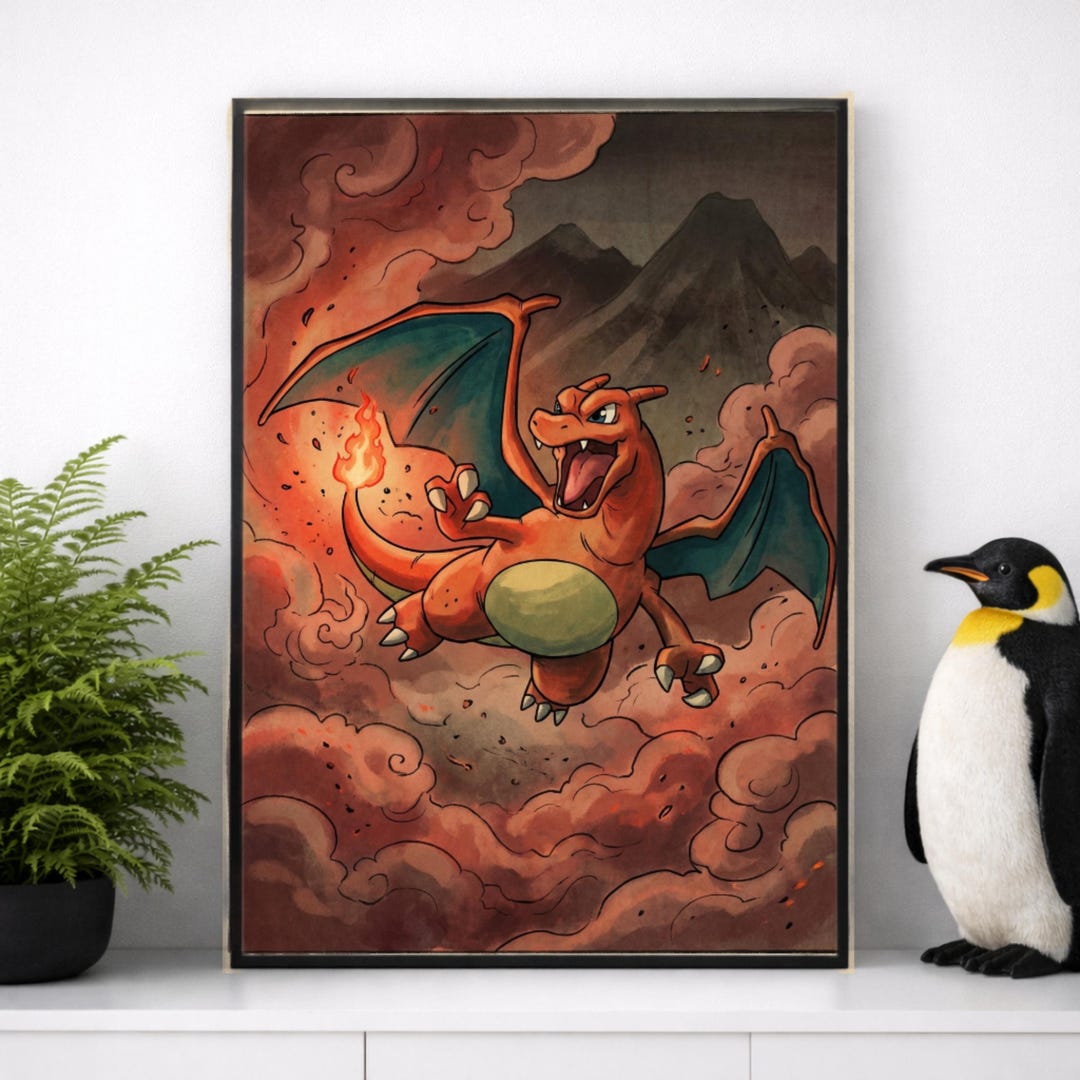 Charizard Pokemon Poster Dark Ukiyoe Fire Art Anime Gamer Wall Decor ...