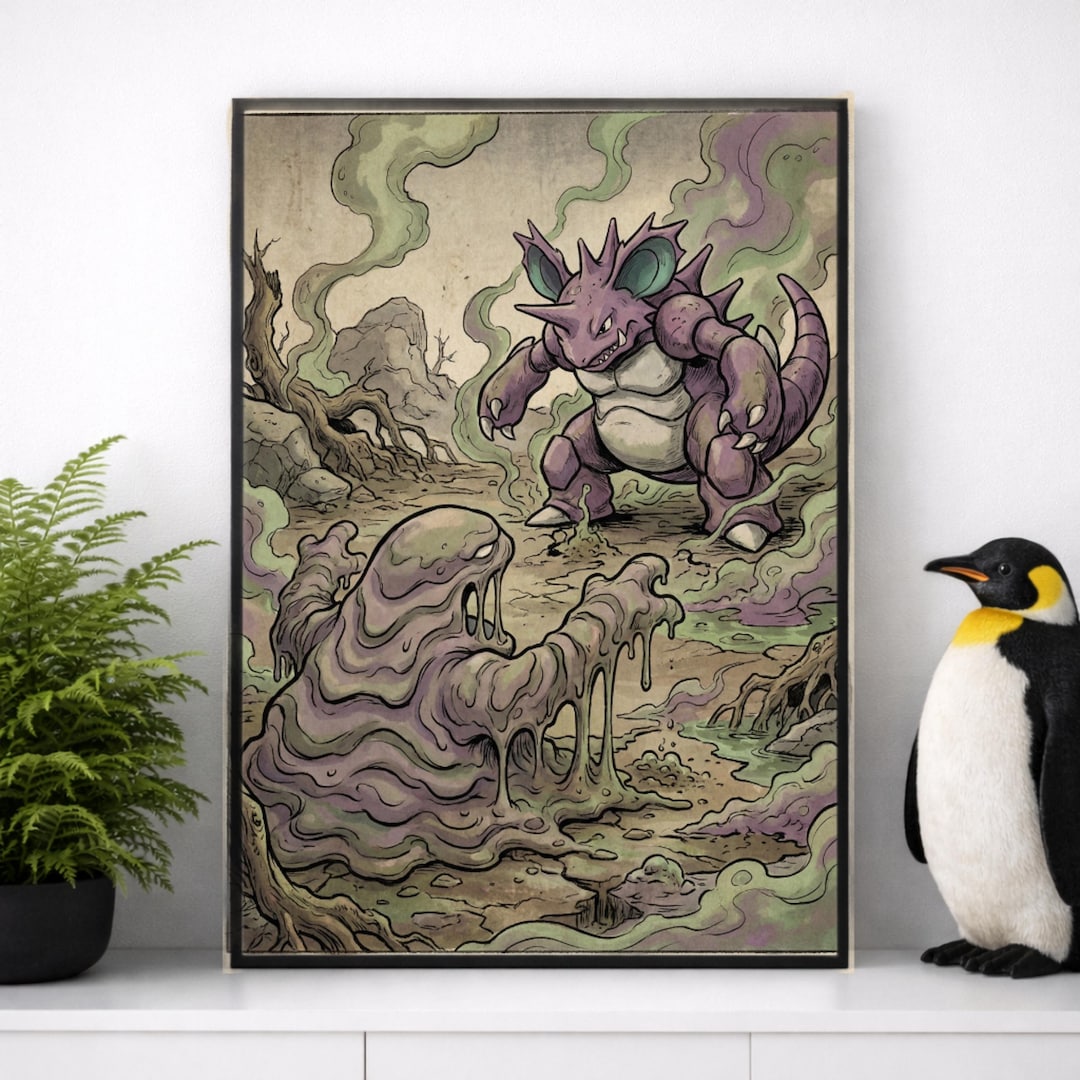 Nidoking Vs Muk Battle Poster – Dark Ukiyo-e Pokémon Digital Wall Art ...