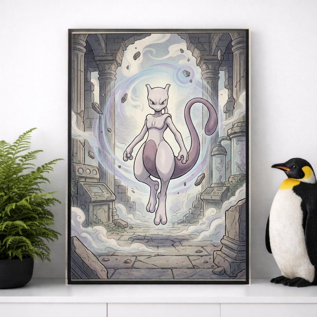 Mewtwo Legendary Psychic Poster – Ukiyo-e Inspired Pokémon Temple ...