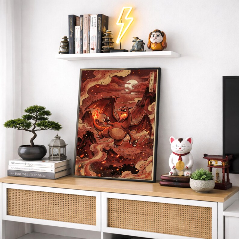 Charizard Volcano Poster Dark Ukiyoe Fire Moon Art Anime Gamer Wall ...