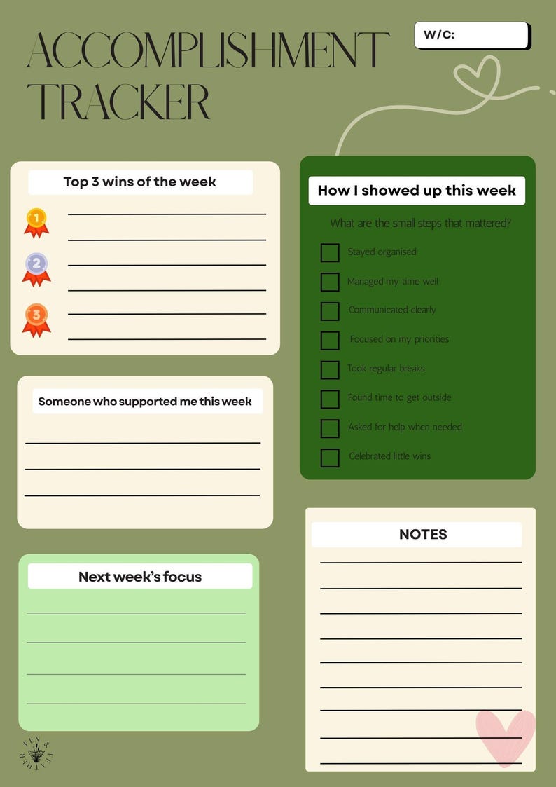 Accomplishment Tracker Printable. Weekly Wins Worksheet. Productivity ...